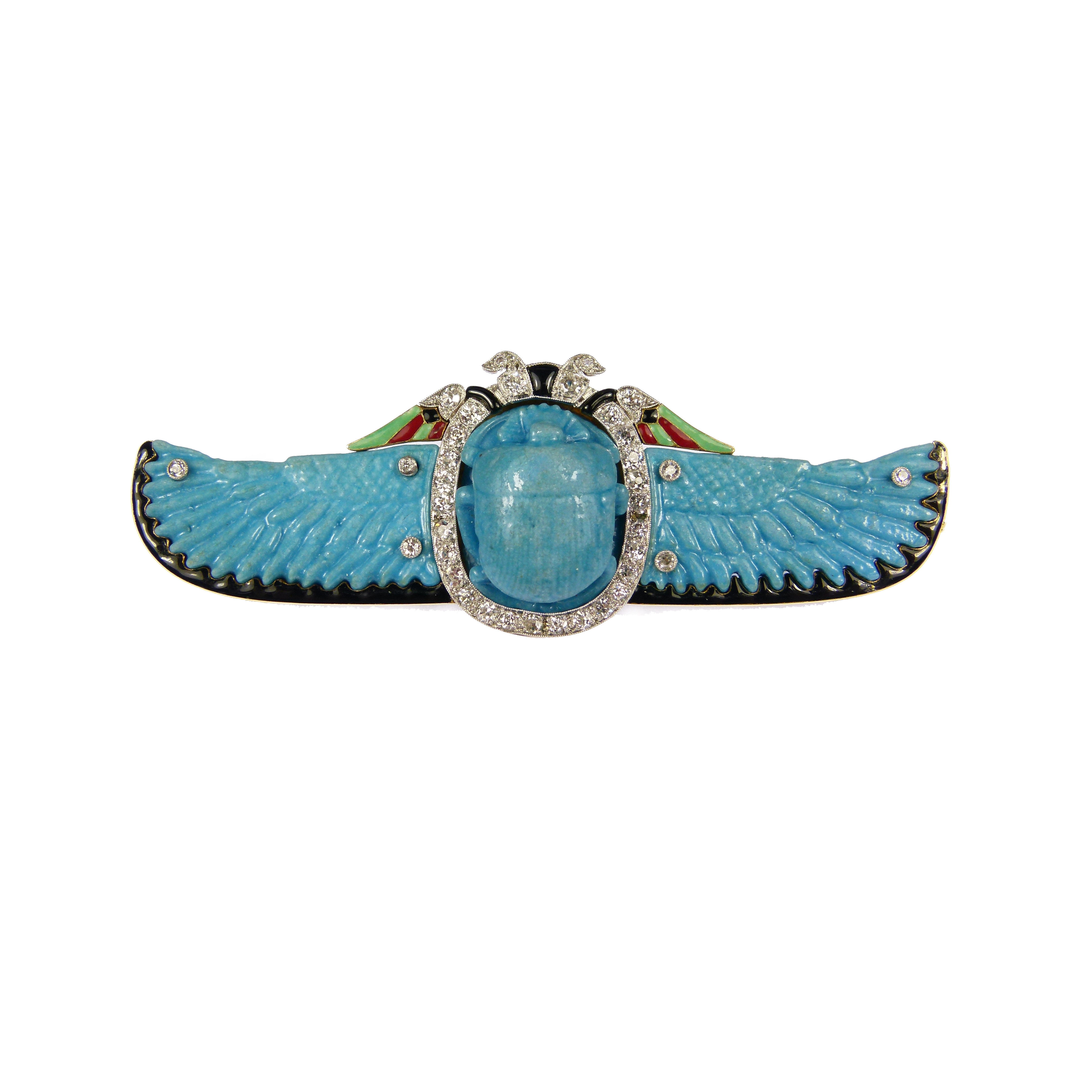 Diamond, enamel and faience winged scarab brooch, French, | Object | S ...